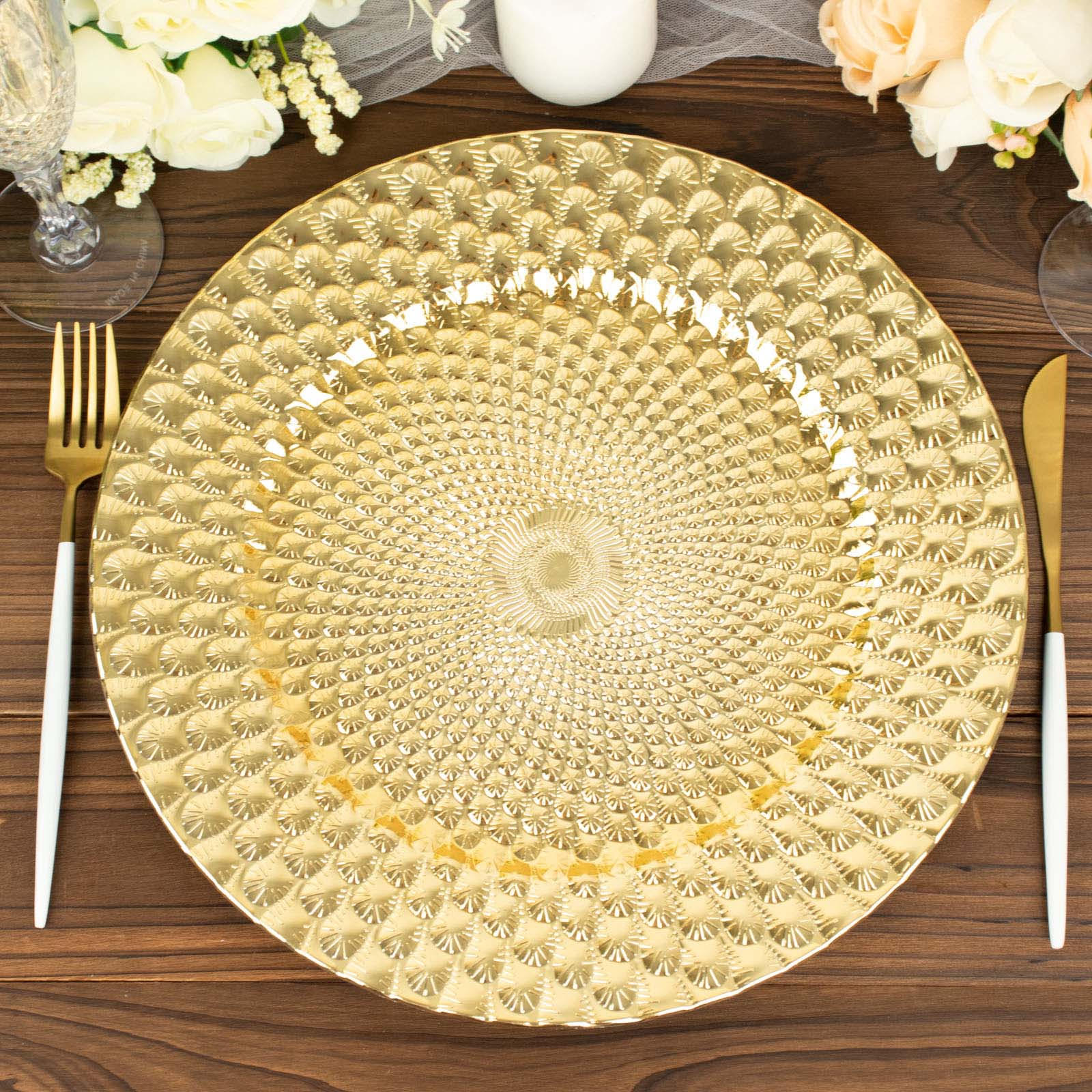 Charger Plate Gold Peacock Acrylic - Rebel Party Rentals